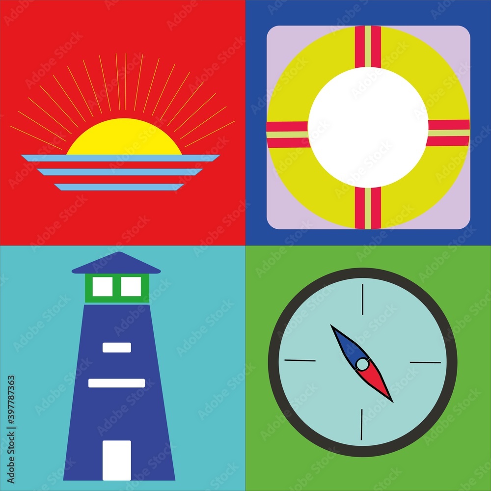 illustrator vector graphic icon of the sea, sunset, buoys, lighthouse ...