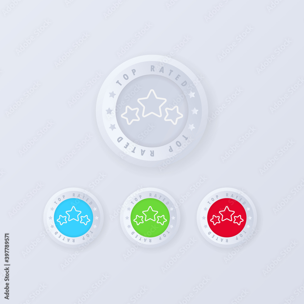 Top rated button in 3d style. Top rated icon set. Vector certificate ...