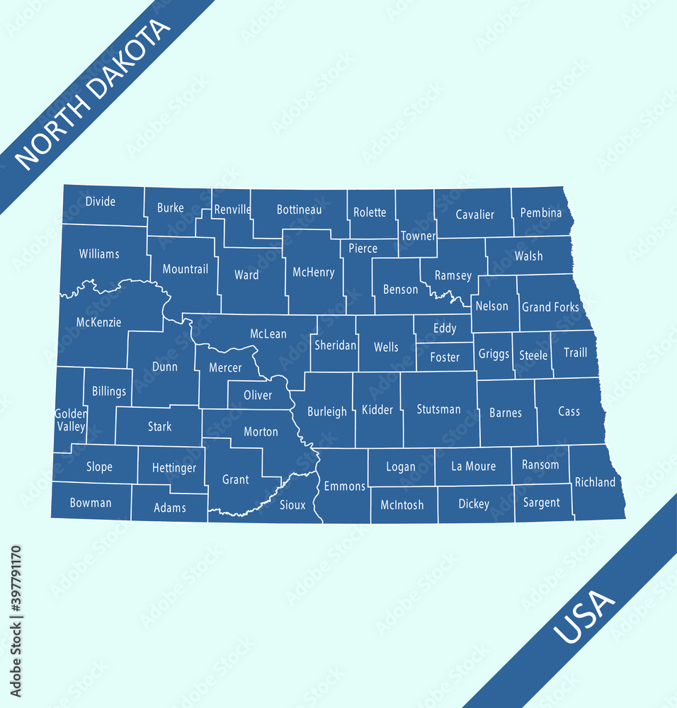 North Dakota counties map labeled Stock Vector | Adobe Stock