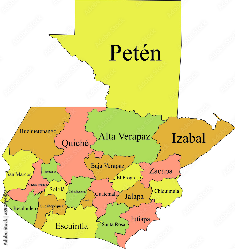 Pastel vector map of Guatemala with black borders and names of it's ...