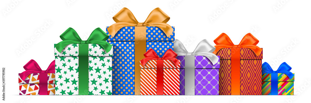 Different height gift boxes, with colorful wrapping patterns, standing ...
