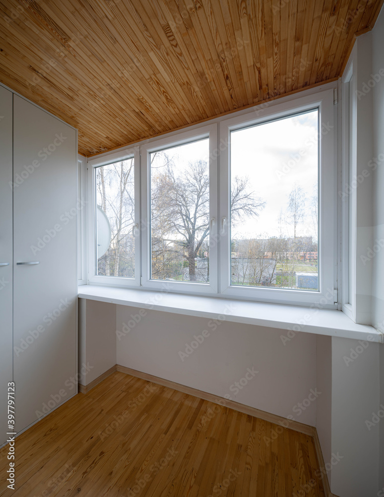 Modern interior of empty dressing room in private house. Wooden floor ...