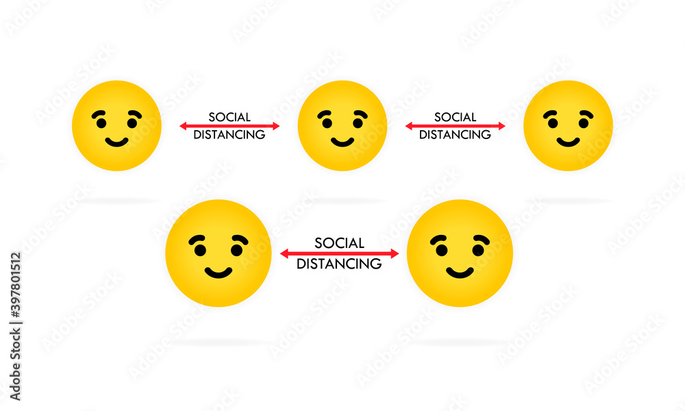 Social distancing emoji. New normal. Smiling faces icons with arrow and ...
