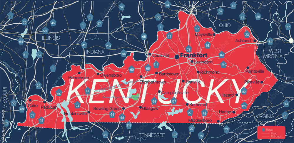 Kentucky state detailed editable map with cities and towns, geographic ...