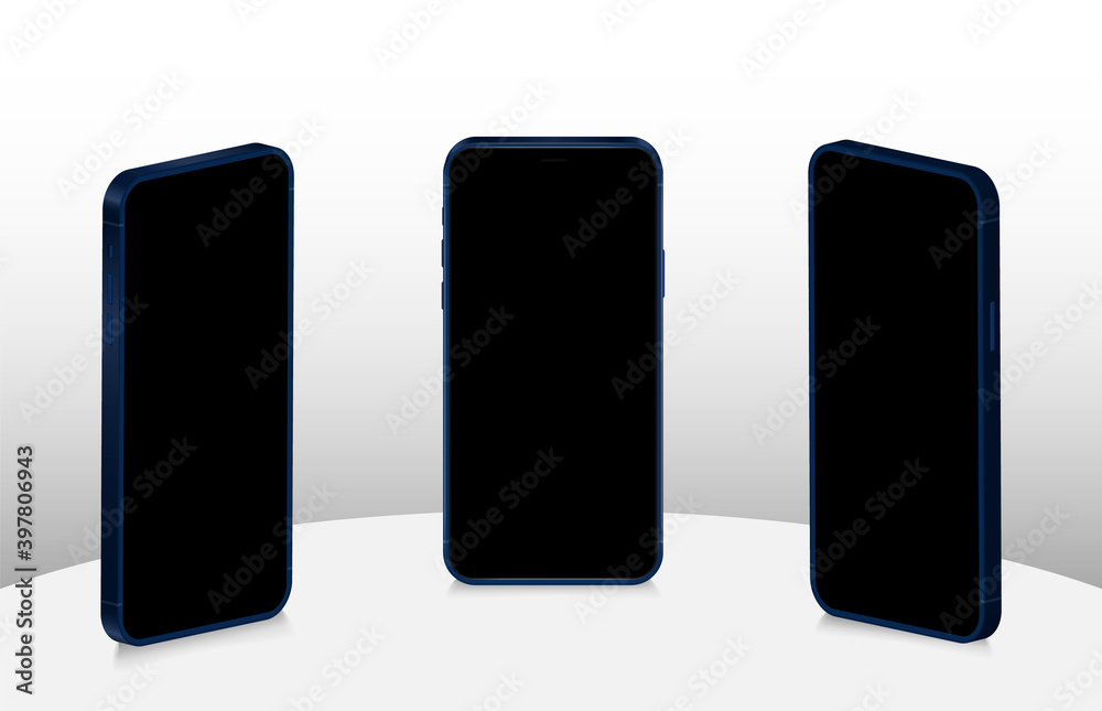 Realistic mobile phones in different angles isolated, Perspective view ...