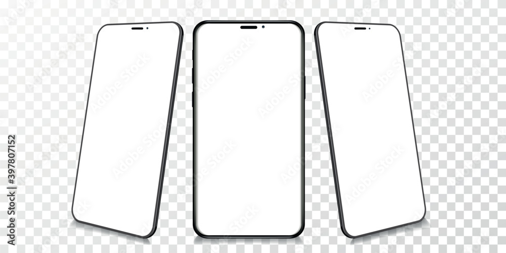 Realistic mobile phones in different angles isolated, Perspective view ...