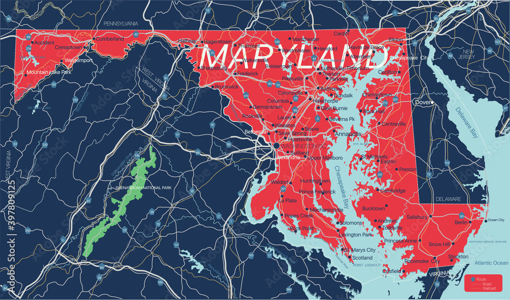 Maryland state detailed editable map with cities and towns, geographic ...