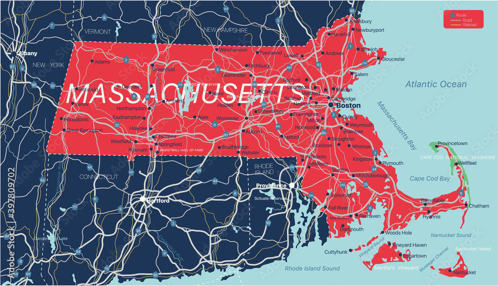 Massachusetts state detailed editable map with cities and towns ...