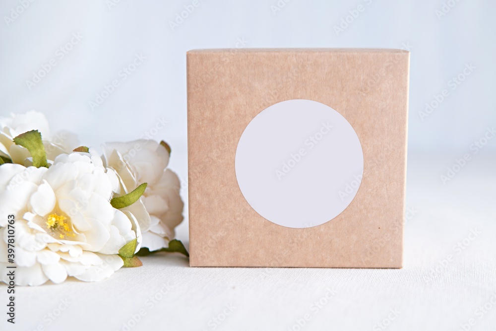 Round sticker mockup on gift box, wedding favor box and blank sticker ...