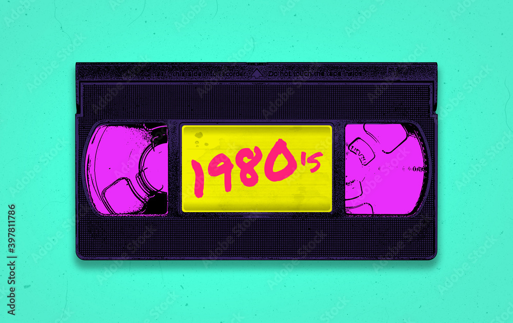 A vibrant and colorful retro synthwave 1980's themed old black VHS ...