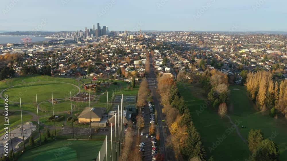 Drone shot of golf driving range at Jefferson Park in South Seattle ...