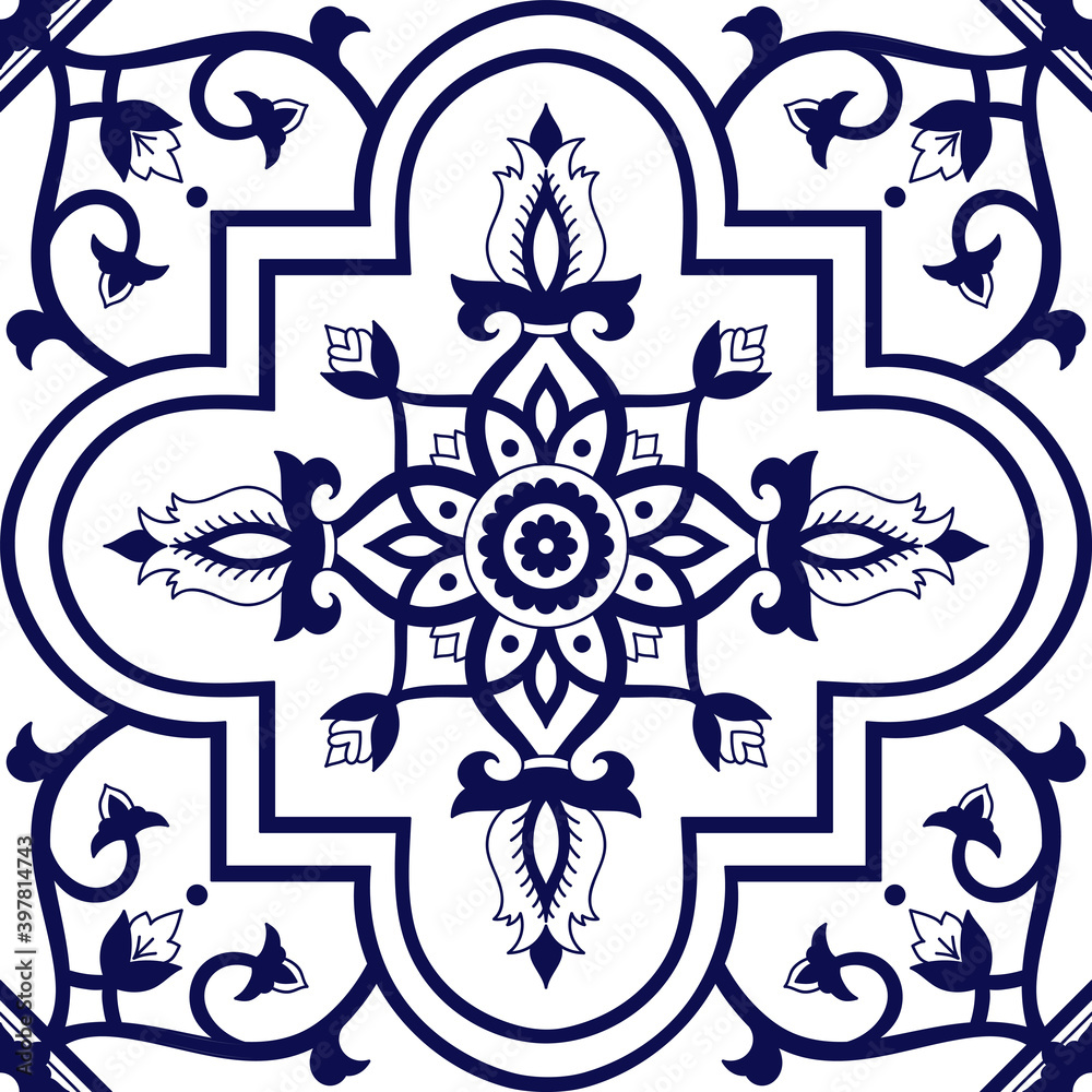 Delft dutch tile pattern vector seamless with flower ornaments ...