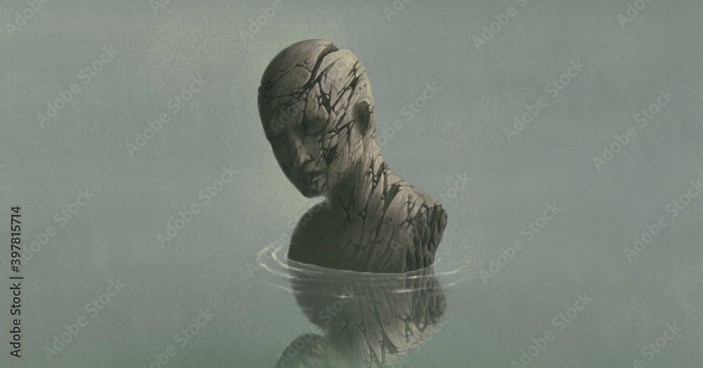 Depressed and lonely broken human sculpture in water, sad, depression ...
