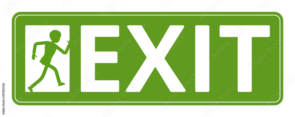 Emergency door exit sign, green safety evacuation indicator. Running ...