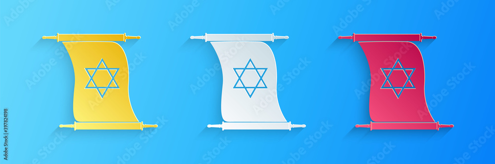 Paper cut Torah scroll icon isolated on blue background. Jewish Torah ...