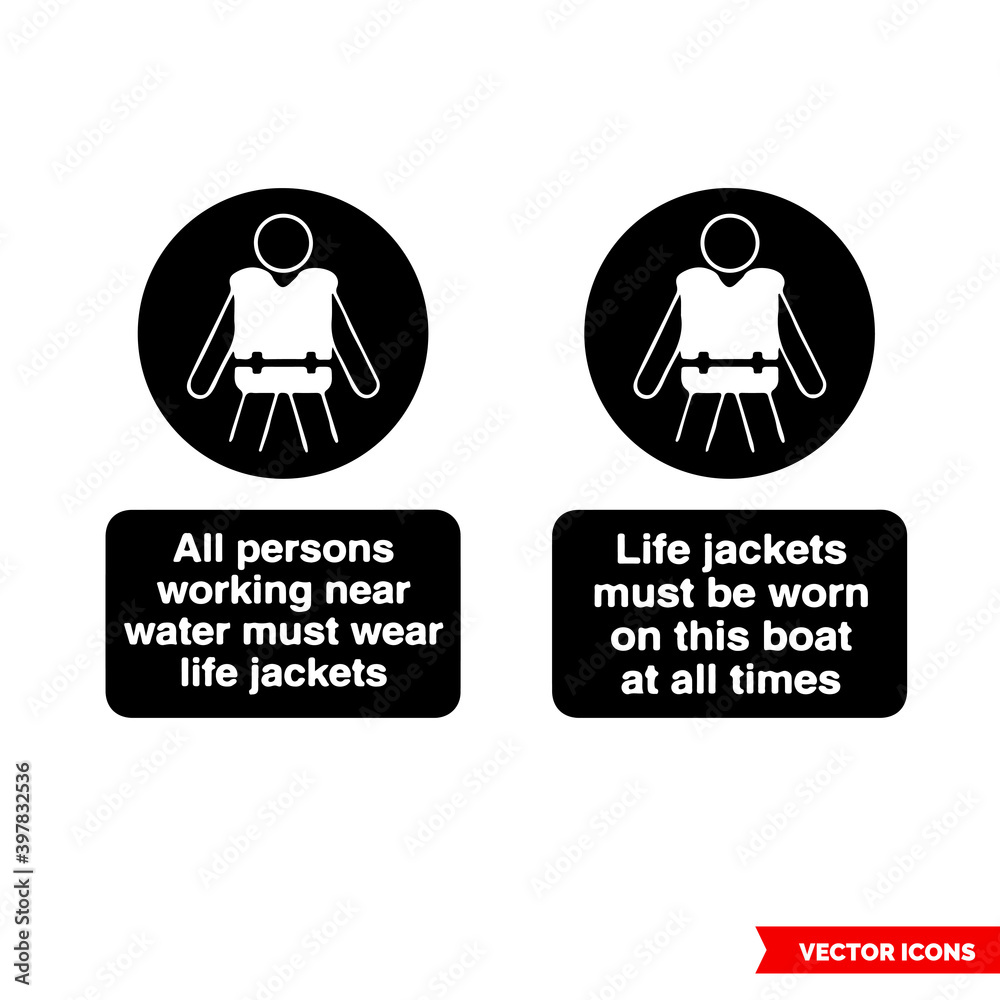 Water safety mandatory signs icon set of black and white types ...