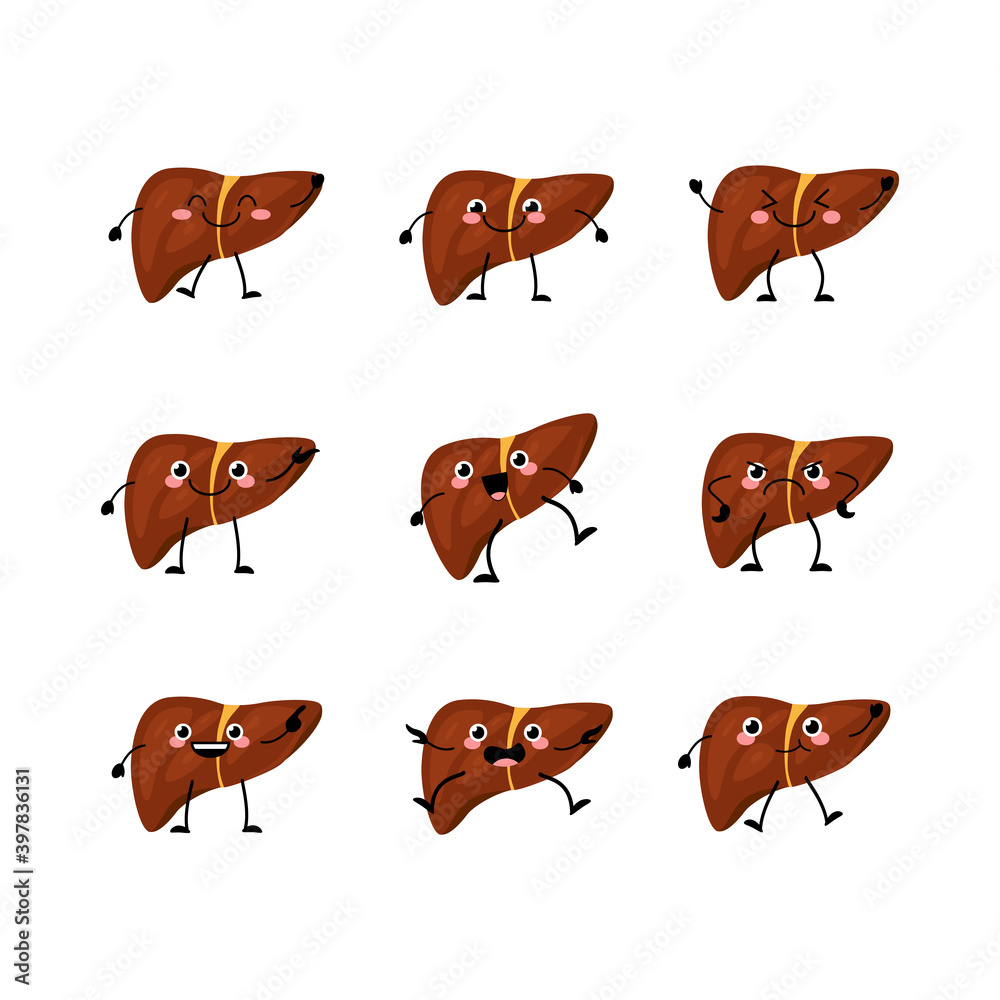 Cute liver organs character set in a flat cartoon style. Human organs ...