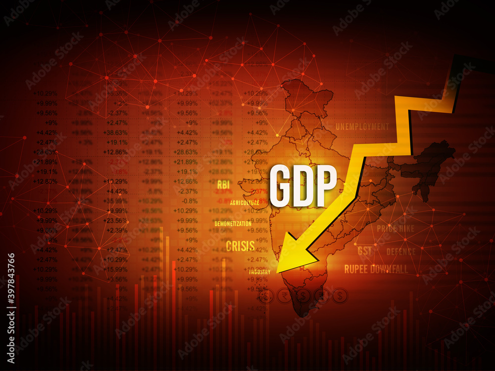 GDP downfall concept, GDP growth slow down illustration with Indian map ...
