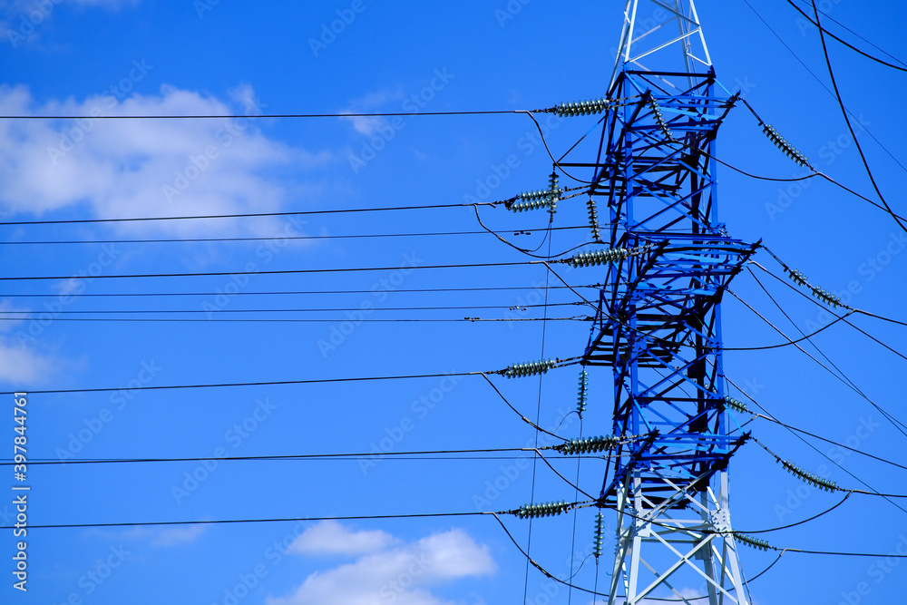 Towers with insulators on which the wires are fixed. High-voltage power ...
