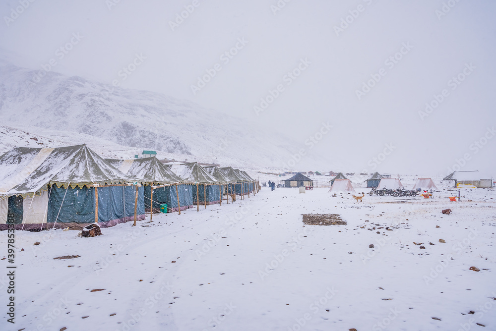 This is the view of Chandrataal camp after snowfall. Chandratal or Lake ...