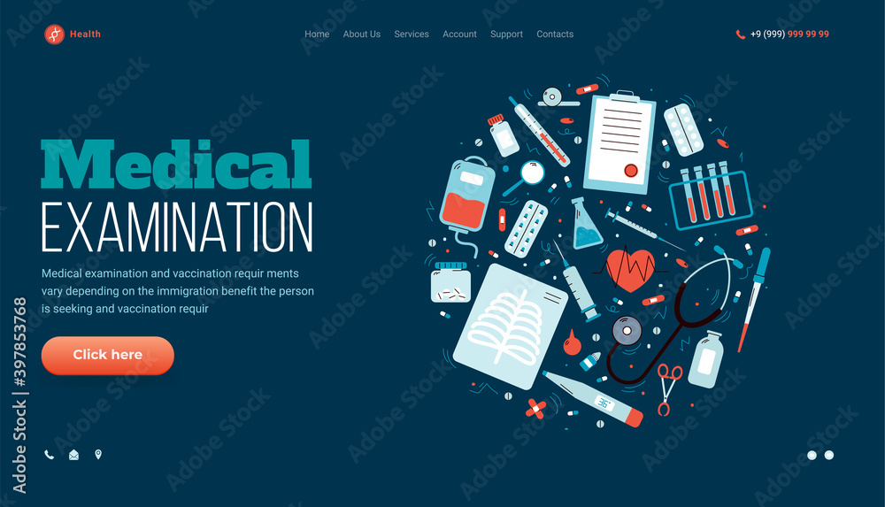 Medical examination website page design template with medical tools on ...