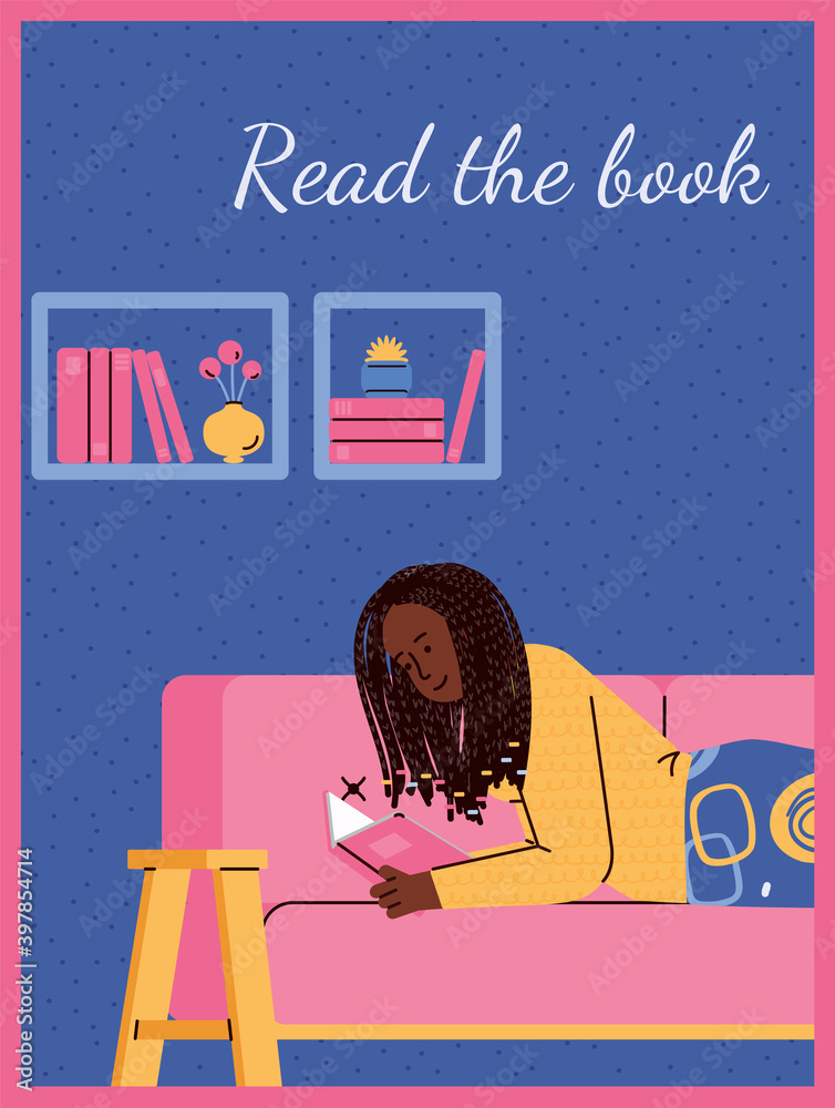Card or poster with woman reading book at home, cartoon flat vector ...