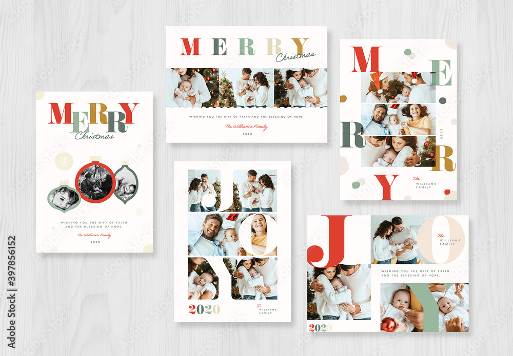 Colorful Typography Christmas Photo Card Layout Stock Template | Adobe ...