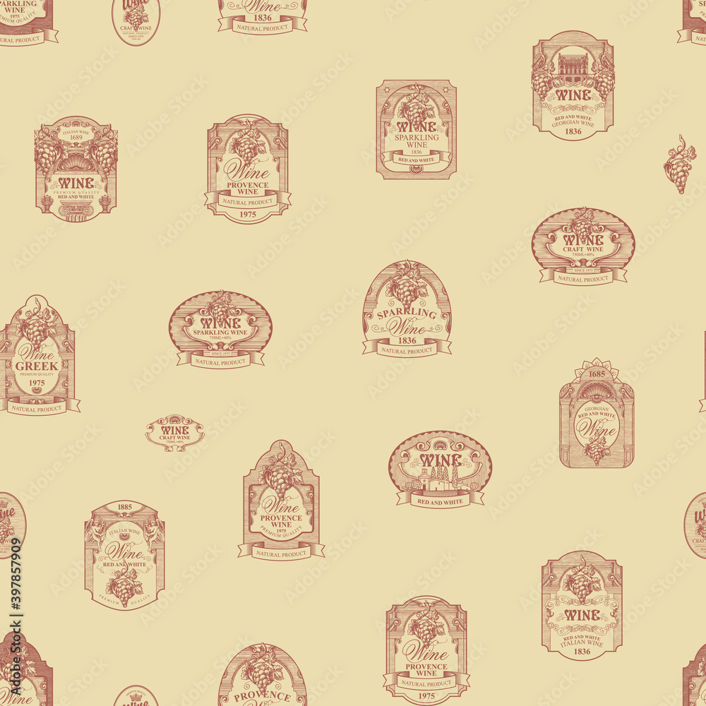 Seamless pattern with ornate hand-drawn wine labels on the old paper ...