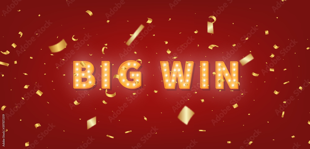 Big Win gold marquee text. 3d light bulb text and confetti for Winner ...