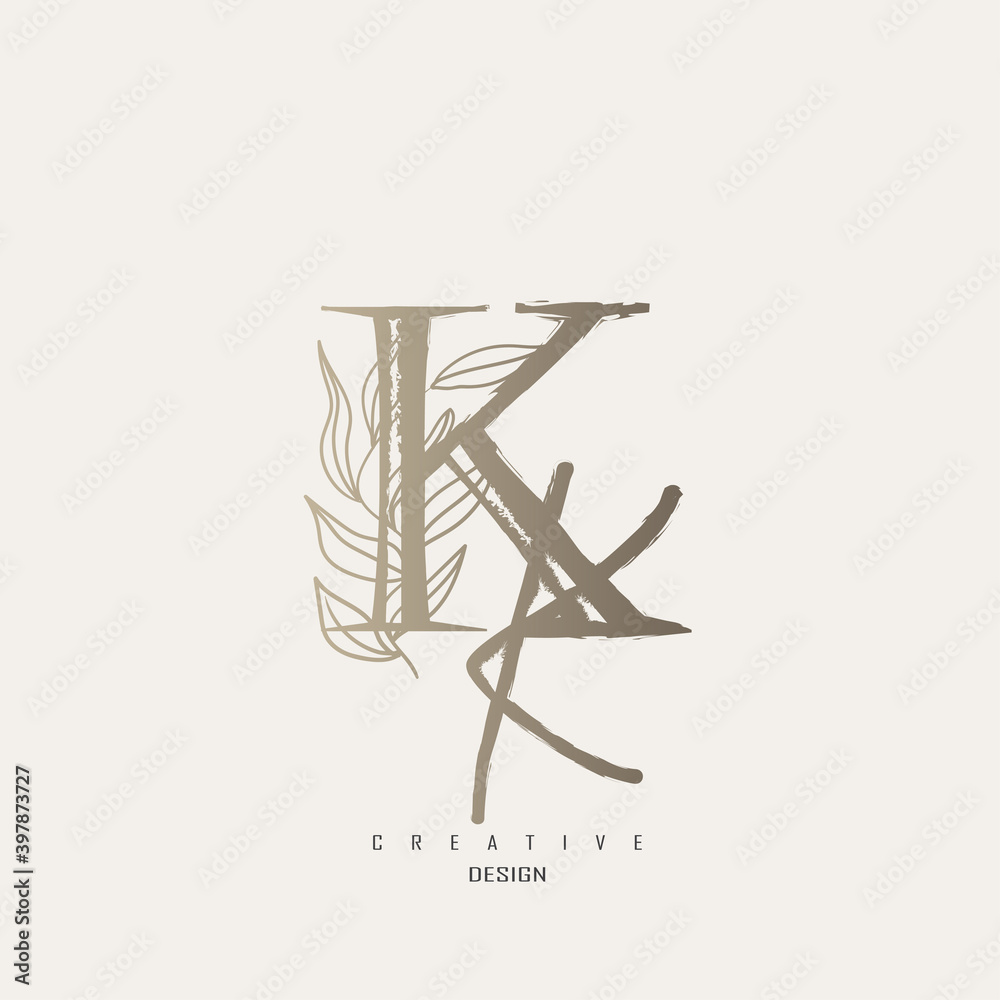 logo kk dengan warna emas, logo terinspirasi dari daun dan kuas. Stock ...