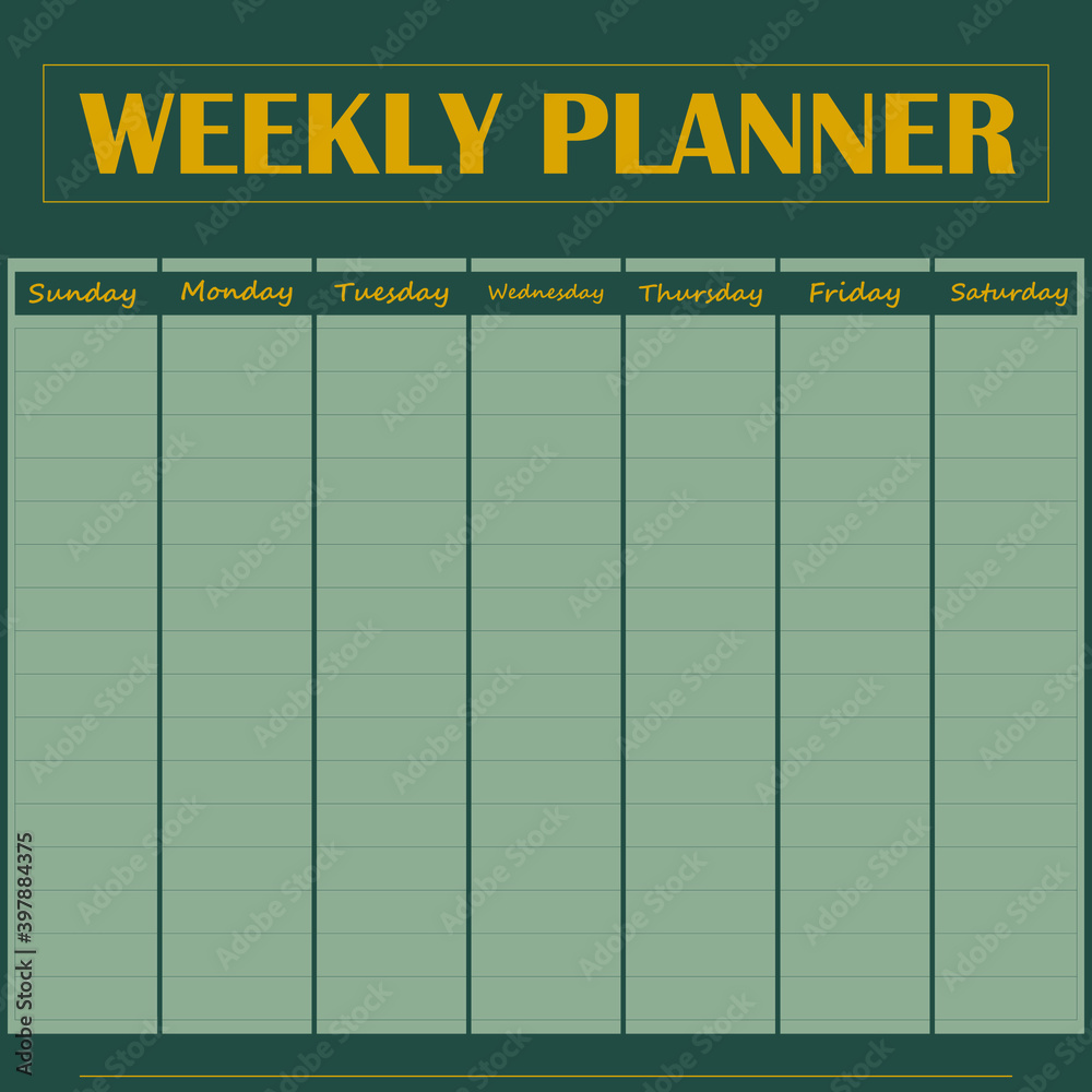 Info graphic organizer - weekly schedule. Vector in green and gold ...