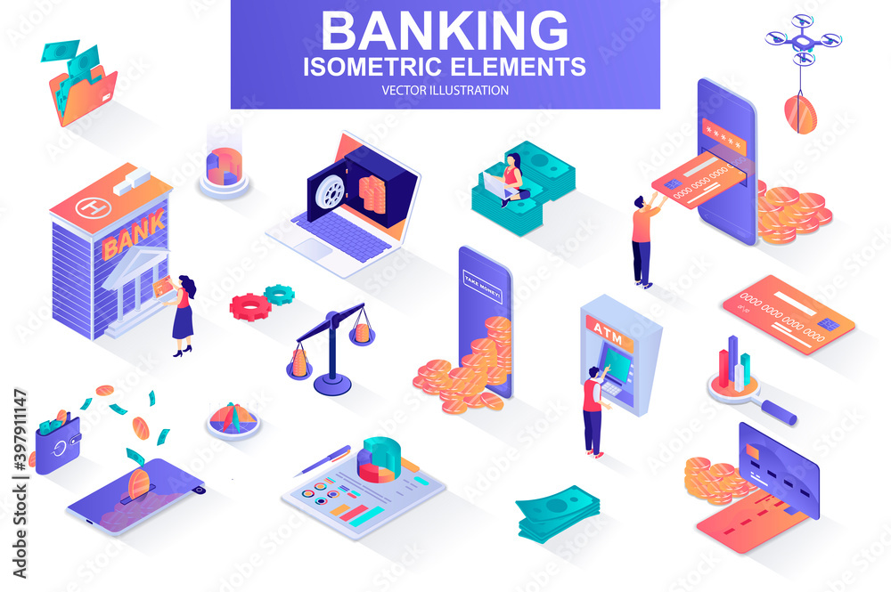 Banking services bundle of isometric elements. Digital wallet, bank ...