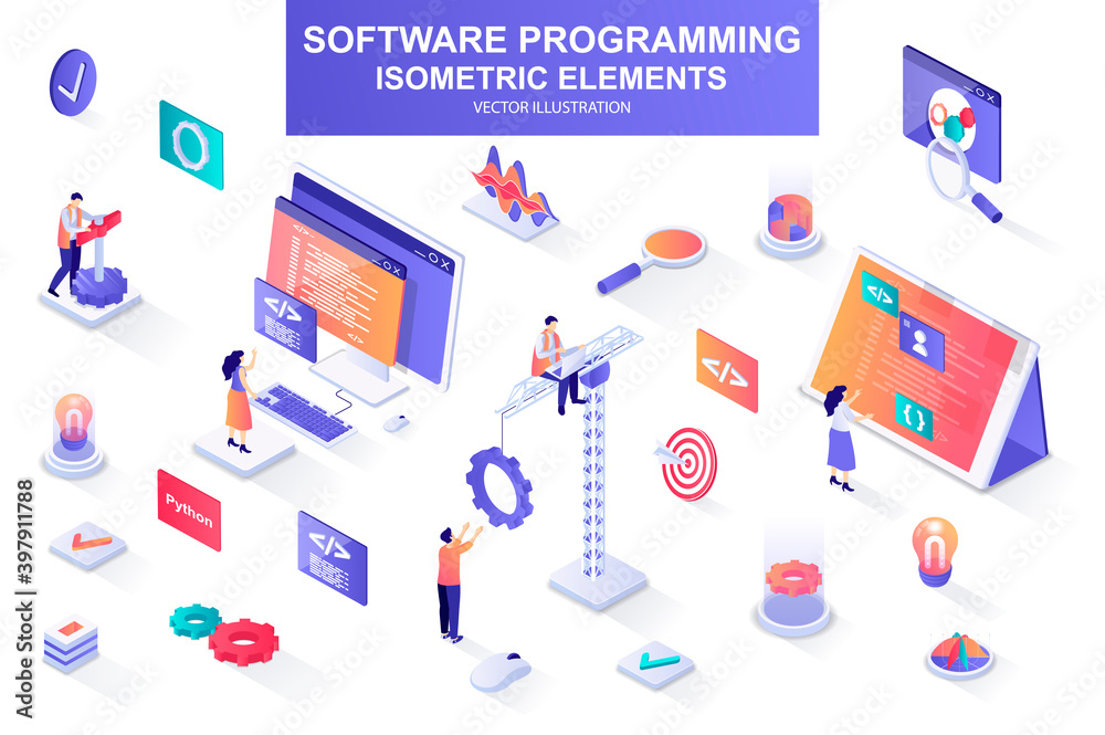 Software Programming Bundle Of Isometric Elements Program Languages Developer Software