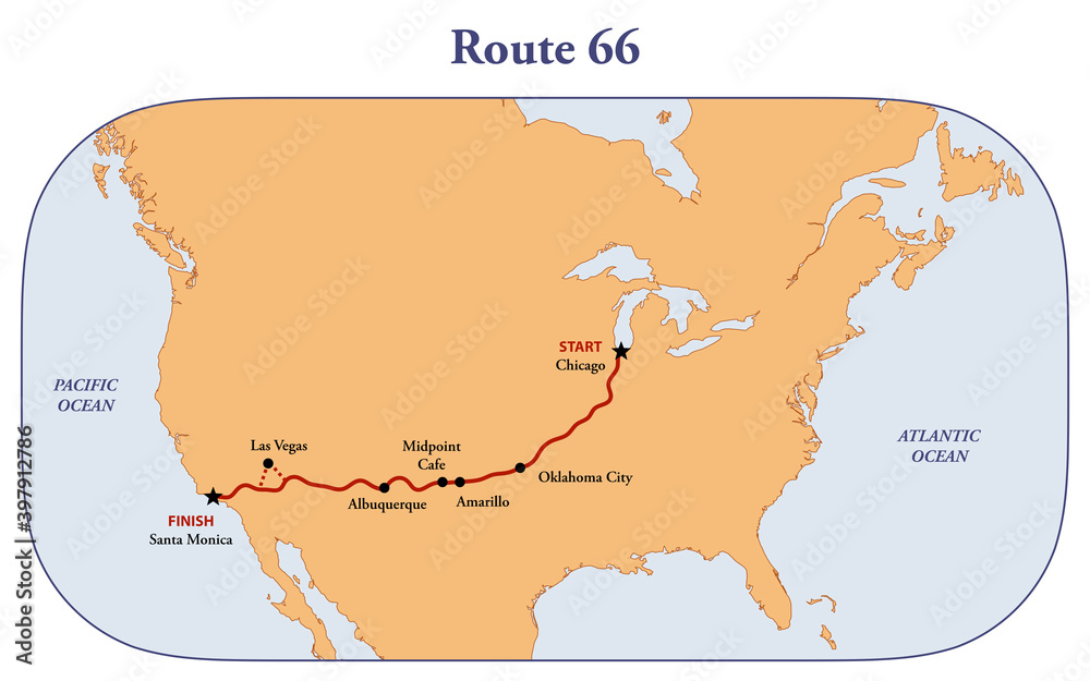Map of historic Route 66 travel route Stock Illustration | Adobe Stock