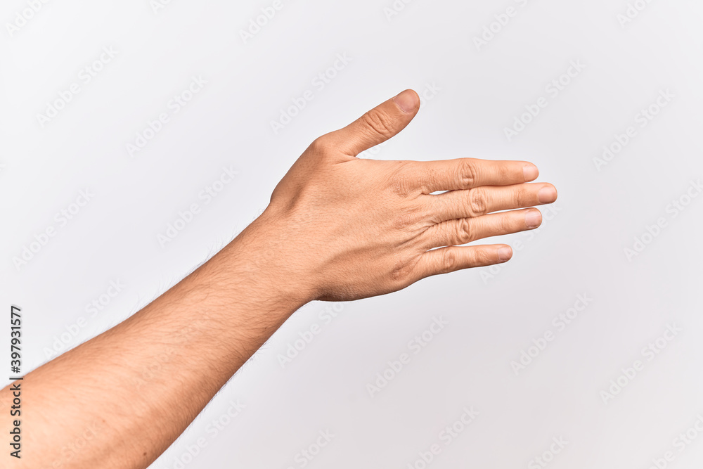 Hand of caucasian young man showing fingers over isolated white ...