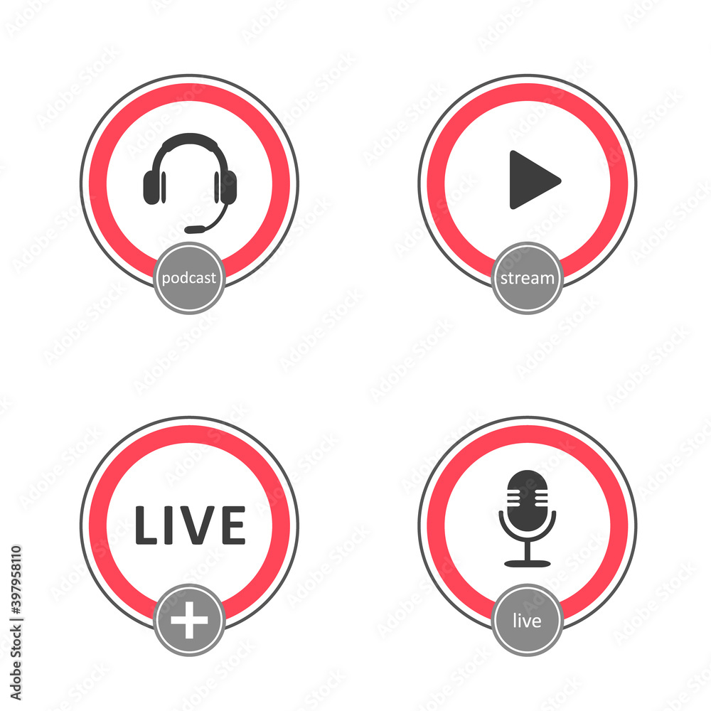 Podcast logo set. Symbols and buttons of live streaming, broadcasting ...