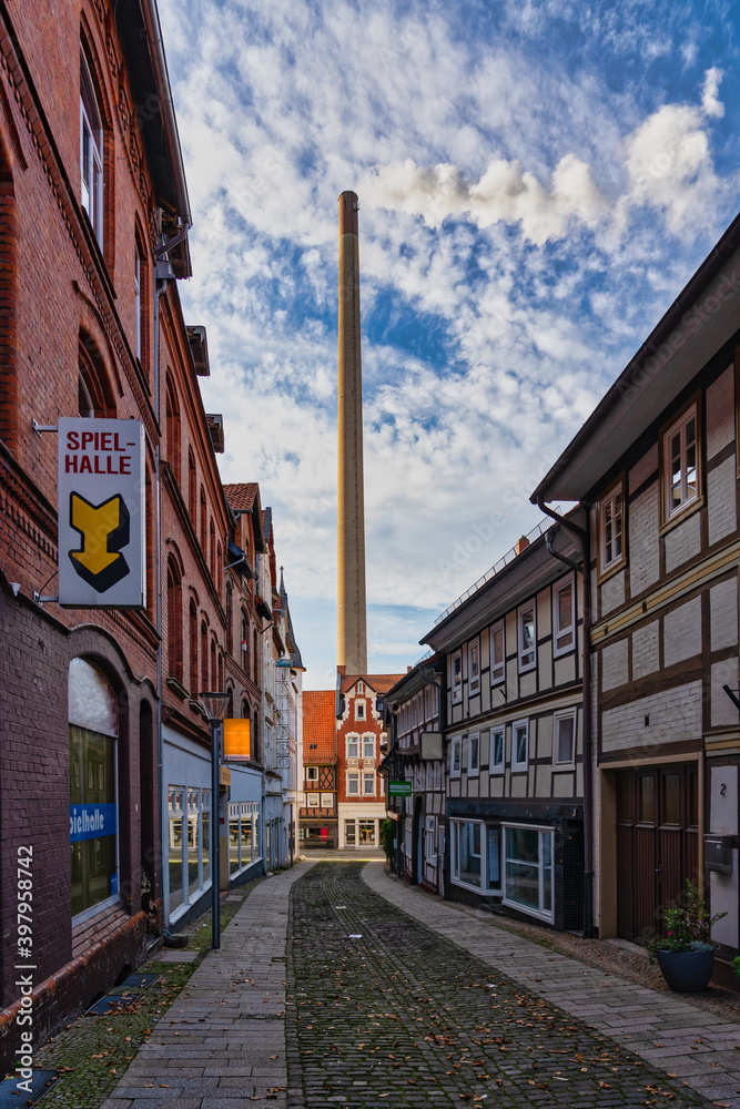 Alfeld Altstadt mit Fabrikschornstein Stock Photo | Adobe Stock