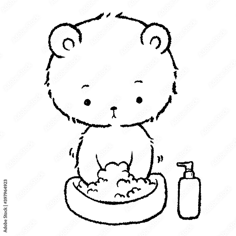 Line art of The bear was washing his hands in a small basin next to a ...