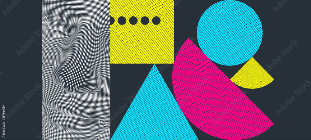 Vector template with primitive shapes elements and man`s face. Modern ...
