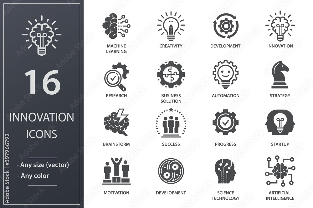 Innovation icon set. Collection of technology, success, startup ...