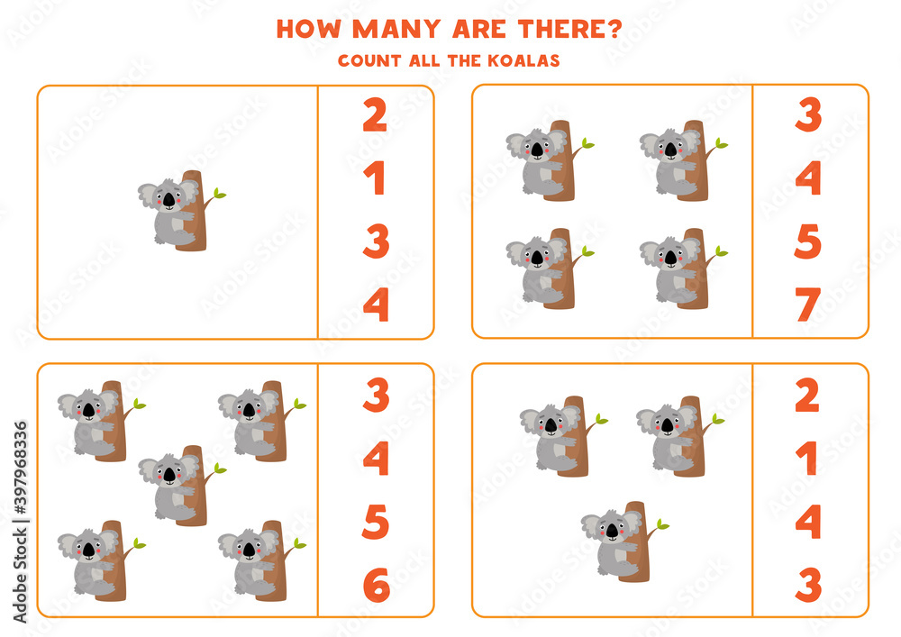 Count all koalas and circle the right answer. Math game for preschool ...