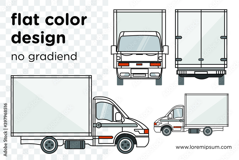 Vector small truck front view back view and side view. Cargo delivery ...