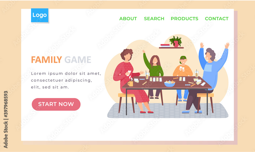 Family game landing page template with happy people parents and ...