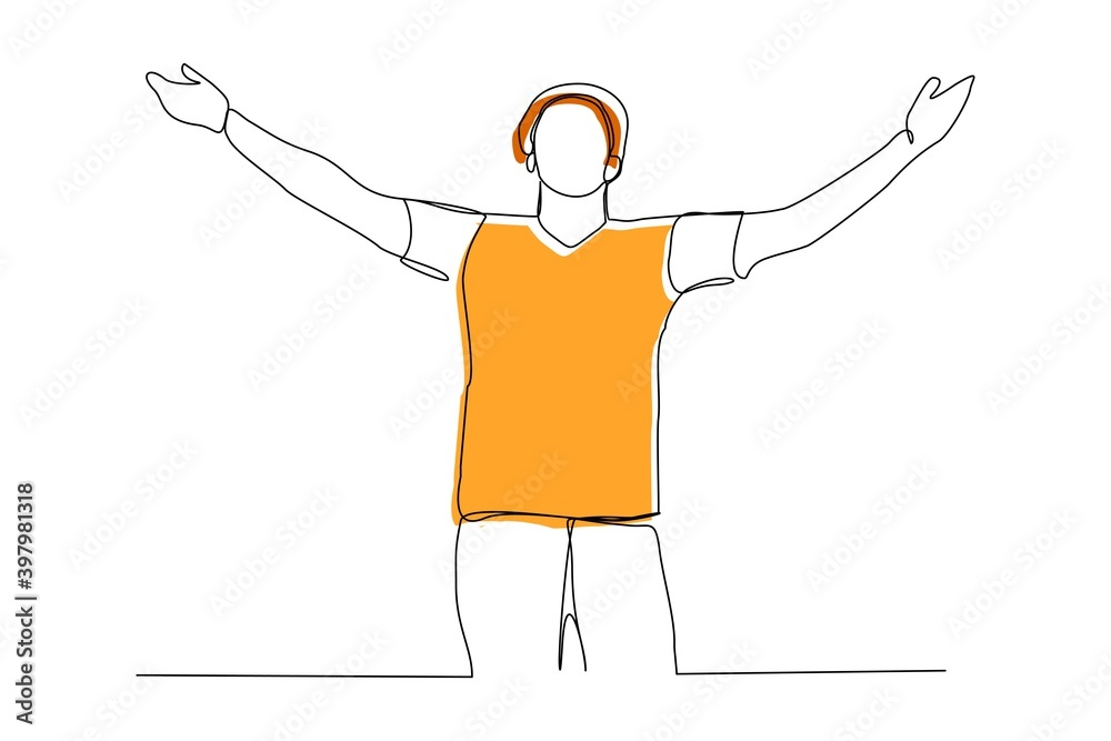 Continuous line drawing of happy man open hand palm feel free. Vector ...