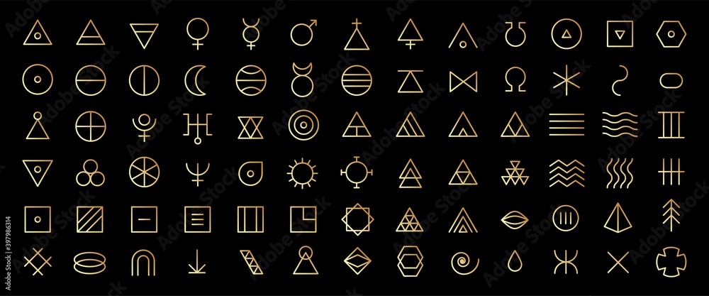 Line art icon set of esoteric glyphs, pictograms and symbols. Golden ...