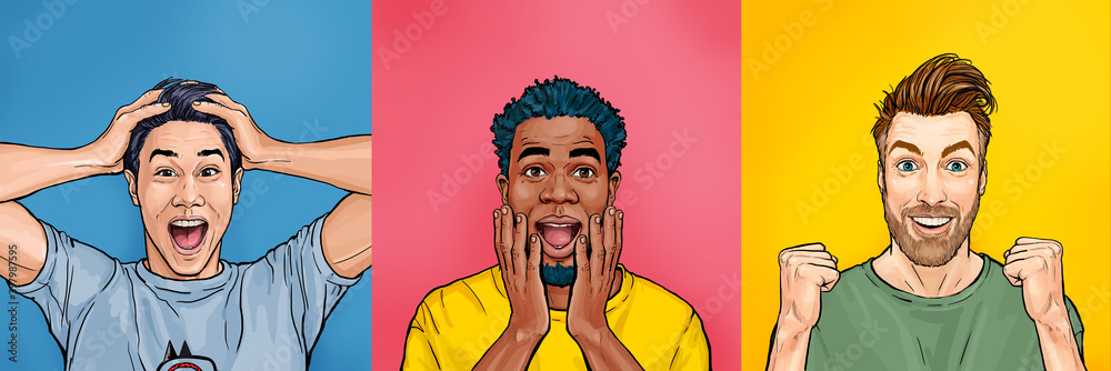 Surprised people on colored backgrounds.Amazed happy men. Human ...