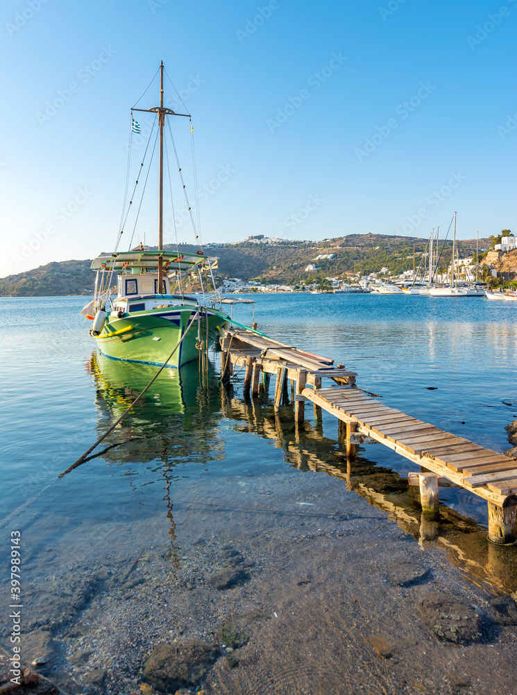 Skala Village harbour view in Patmos Island. Patmos Island is populer ...