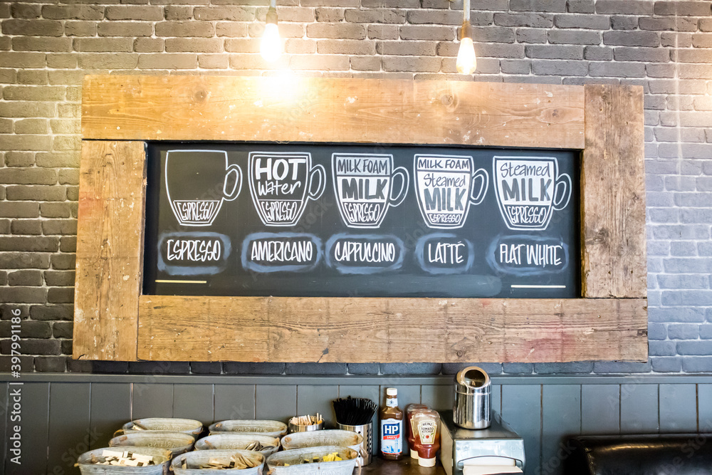 Information blackboard showing different types of coffee for customers ...