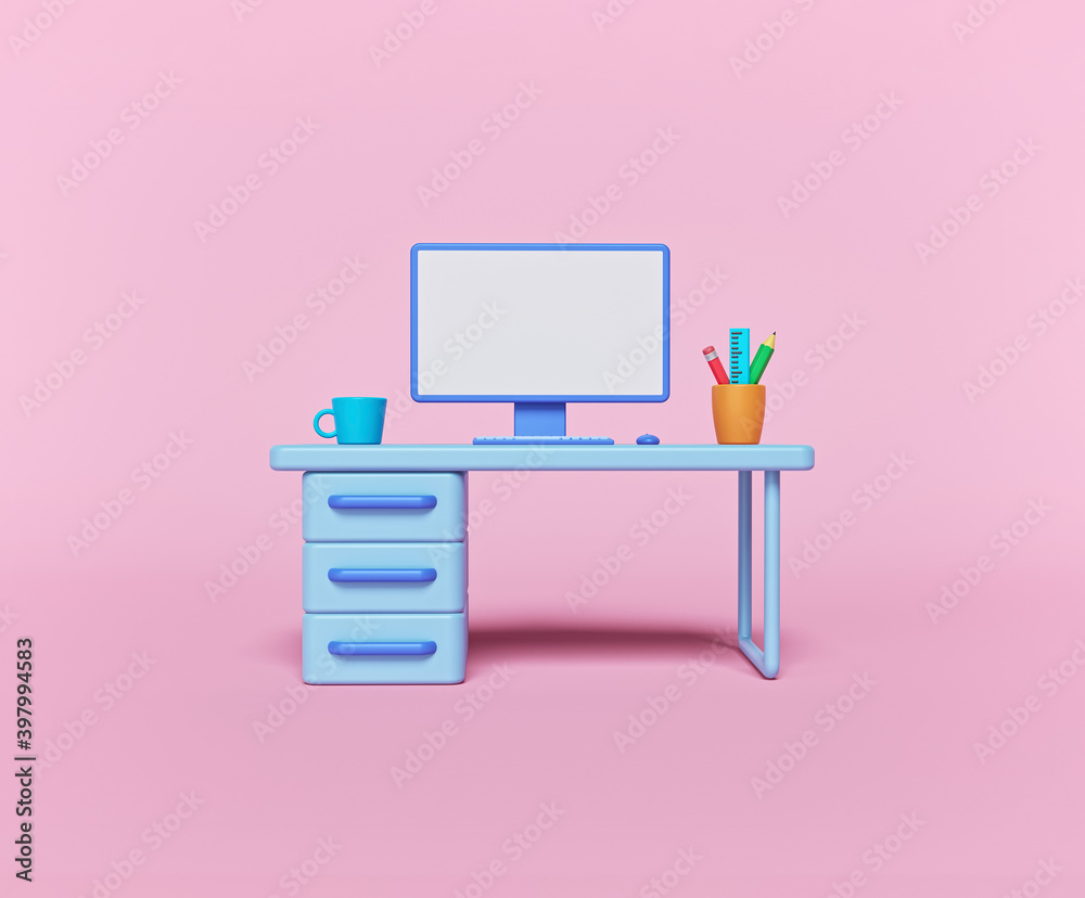 modern Desk with computer. minimal work from home interior concept. 3d ...