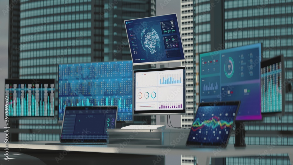 Financial report, statistics, charts, numbers, diagrams on screens in ...